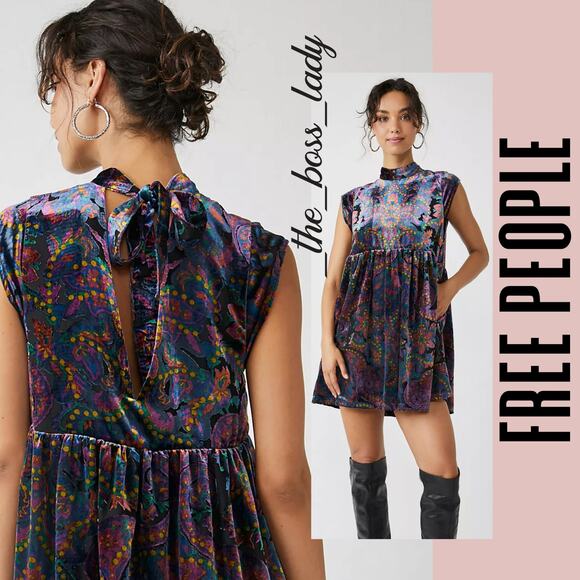 Free People | Dresses | Free People Mini Dress Velvet Pleated Paisley ...